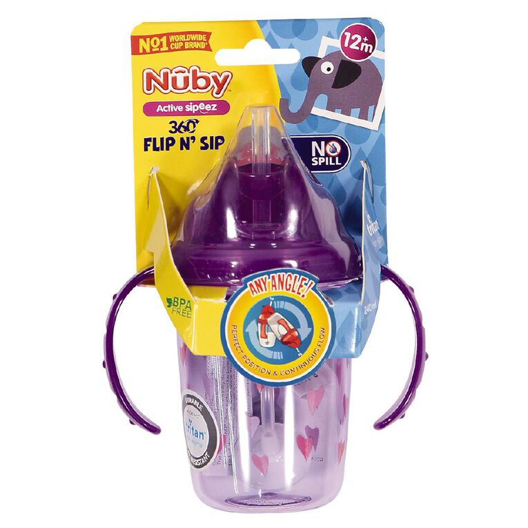 Nuby Tritan Flip it with Weighted Straw 240ml Assorted | The Warehouse