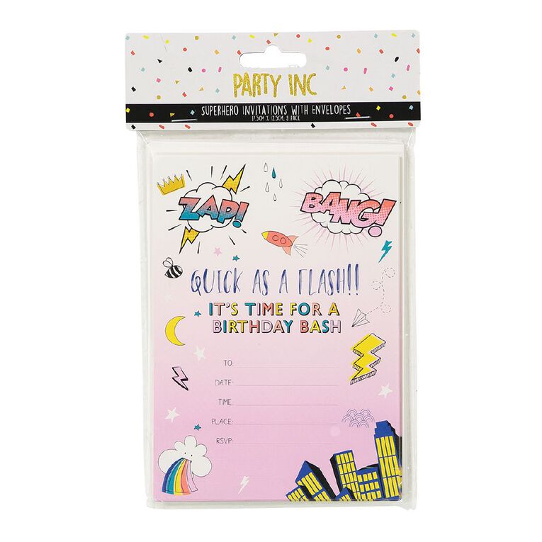 Party Inc Superhero Invitations with Envelopes 17.5cm x 12.5cm 8 Pack ...