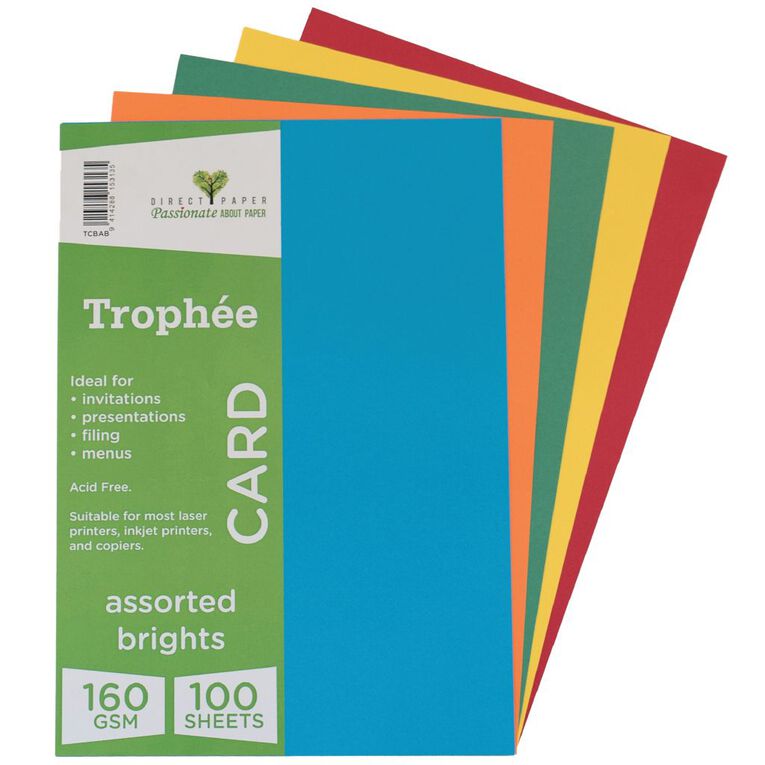 Trophee Card 160gsm Brights A4 100 Pack Assorted | The Warehouse