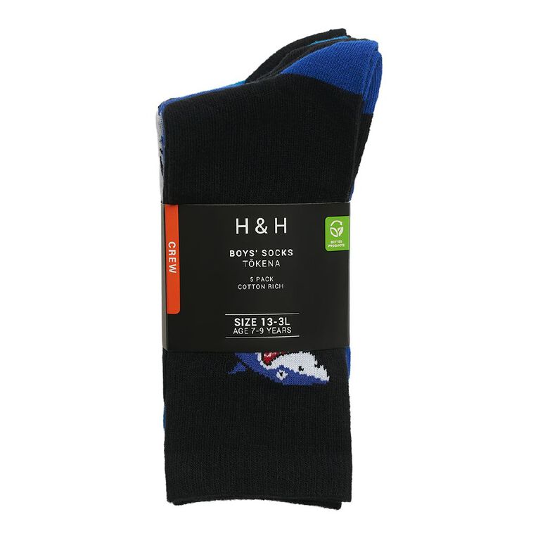 H&H Boys' Jacquard Crew Socks 5 Pack Black/Blue | The Warehouse