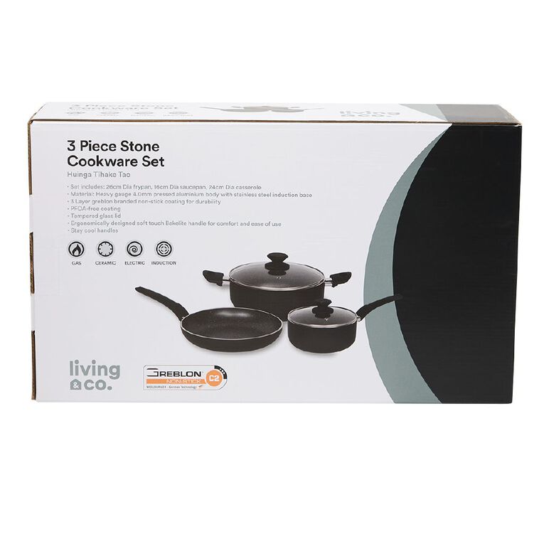 Living & Co Stone Cookware Set Black 3 Piece Black | The Warehouse