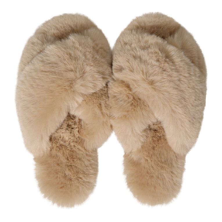 H&H Women's Fluffy Crossover Slide Slippers Cream | The Warehouse