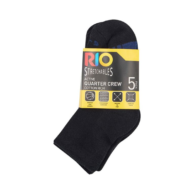 Rio Boys' Stretchables Quarter Crew Socks 5 Pack Black | The Warehouse