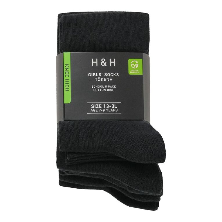 H&H Girls' School Knee High Socks 5 Pack Black | The Warehouse
