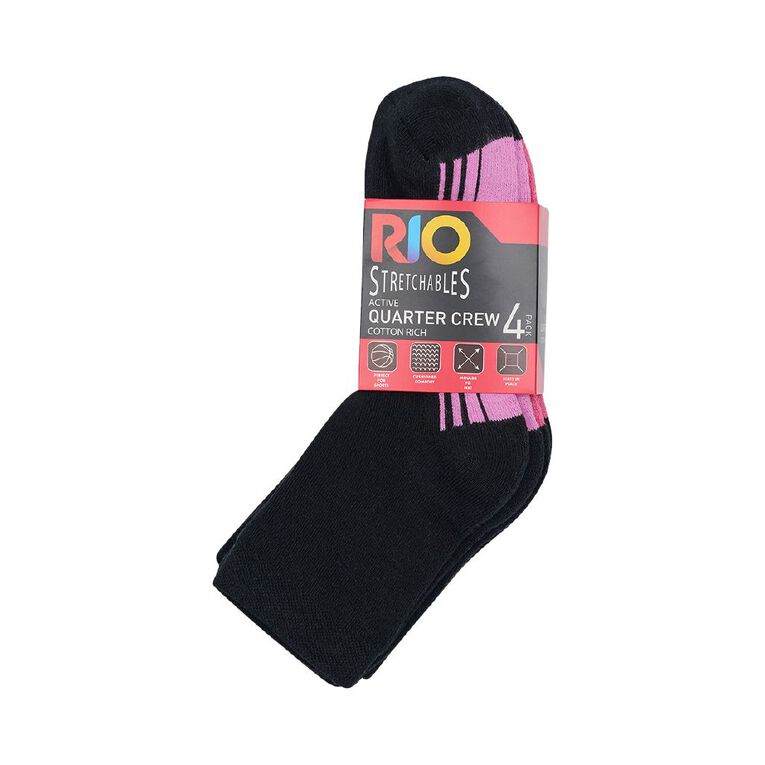 Rio Women's Quarter Crew Stretchable Socks 4 Pack Black | The Warehouse