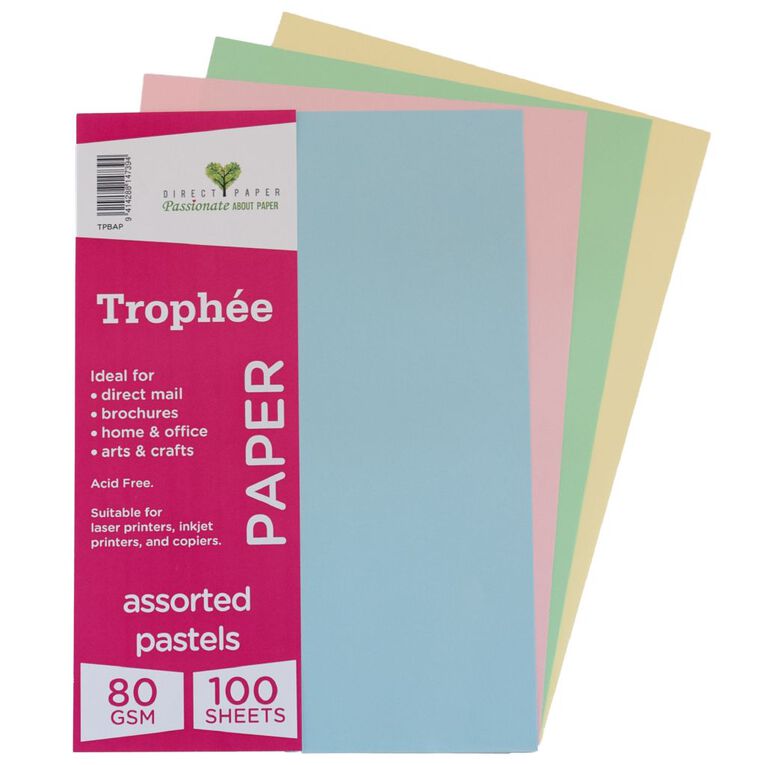Trophee Paper 80gsm Pastels A4 100 Pack Assorted | The Warehouse