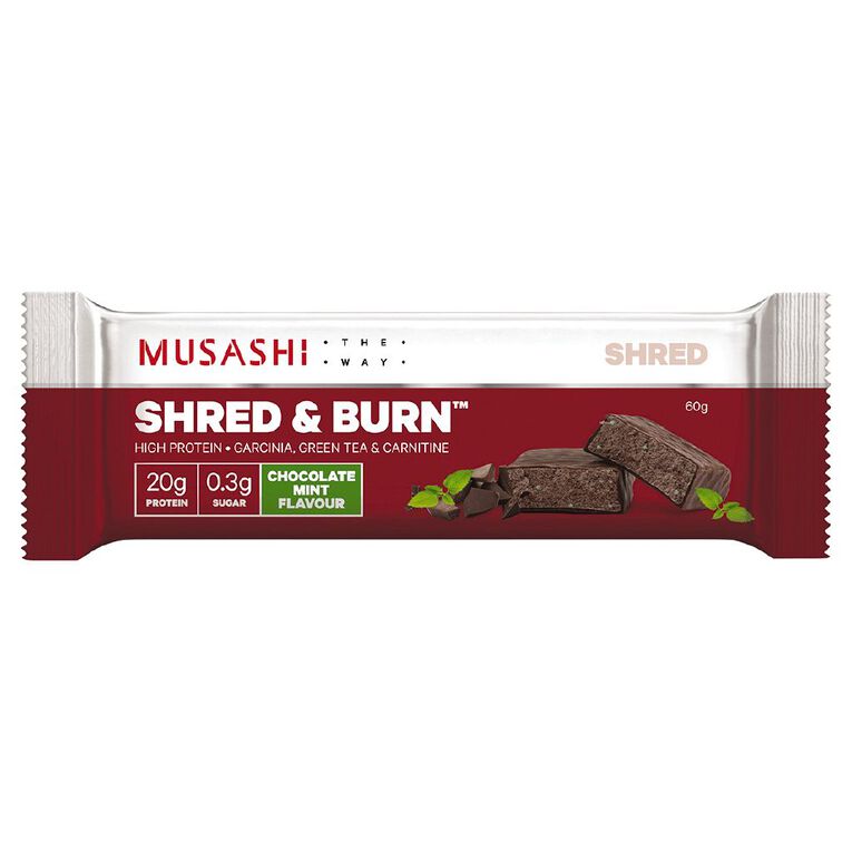 Musashi Shred & Burn-Dark Choc Mint Bar 60g | The Warehouse