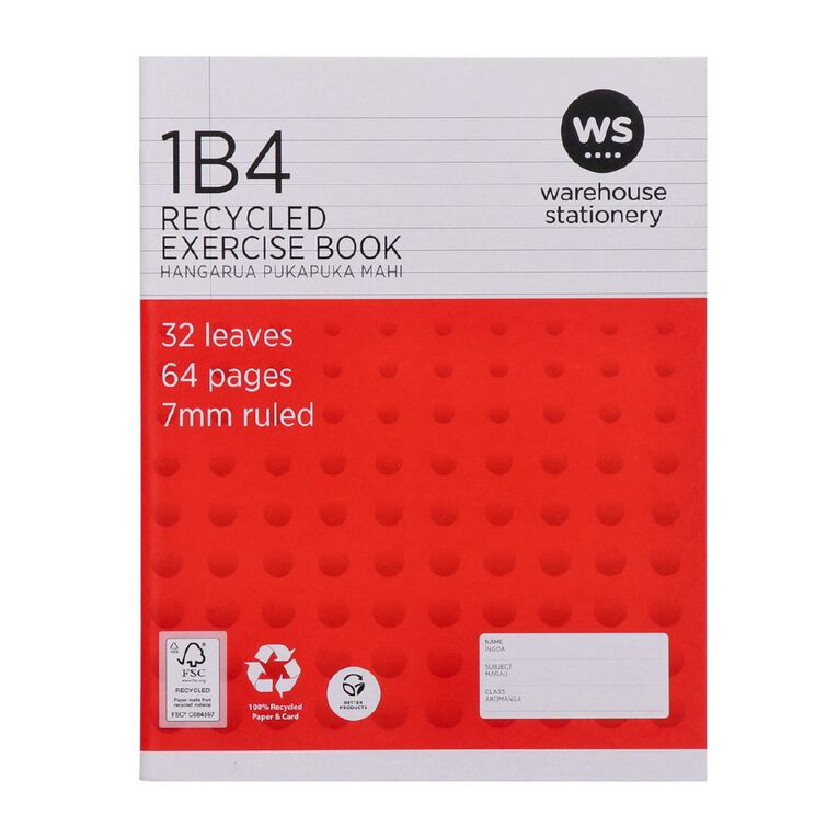 WS Exercise Book 1B4 7mm Ruled 32 Leaf Red Red Mid Red Mid | The Warehouse