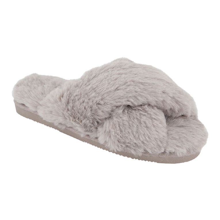 H&H Women's Fluffy Crossover Slide Slippers Grey Mid | The Warehouse