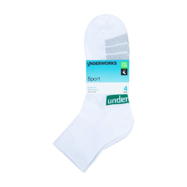Underworks Men's Quarter Crew Sport Socks 4 Pack White1 | The Warehouse