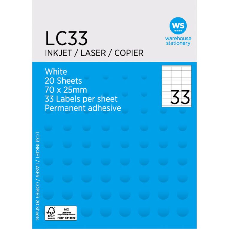 WS LC33 Labels 20 Sheets White | The Warehouse