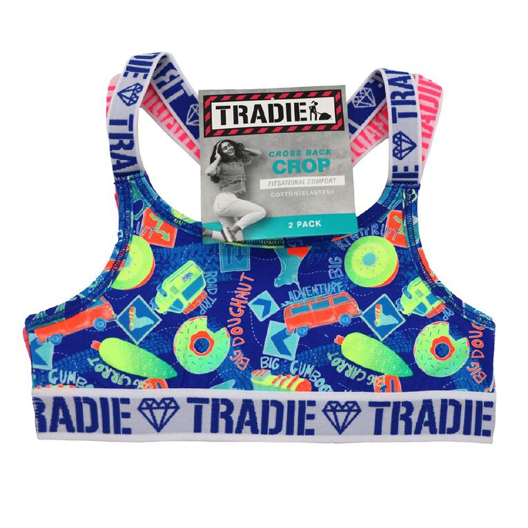 Tradie Girls' Cross Back Crop 2 Pack Blue/Pink | The Warehouse