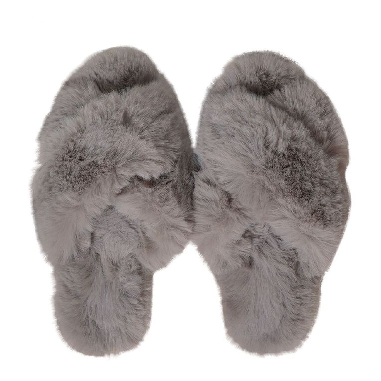 H&H Women's Fluffy Crossover Slide Slippers Grey Mid | The Warehouse