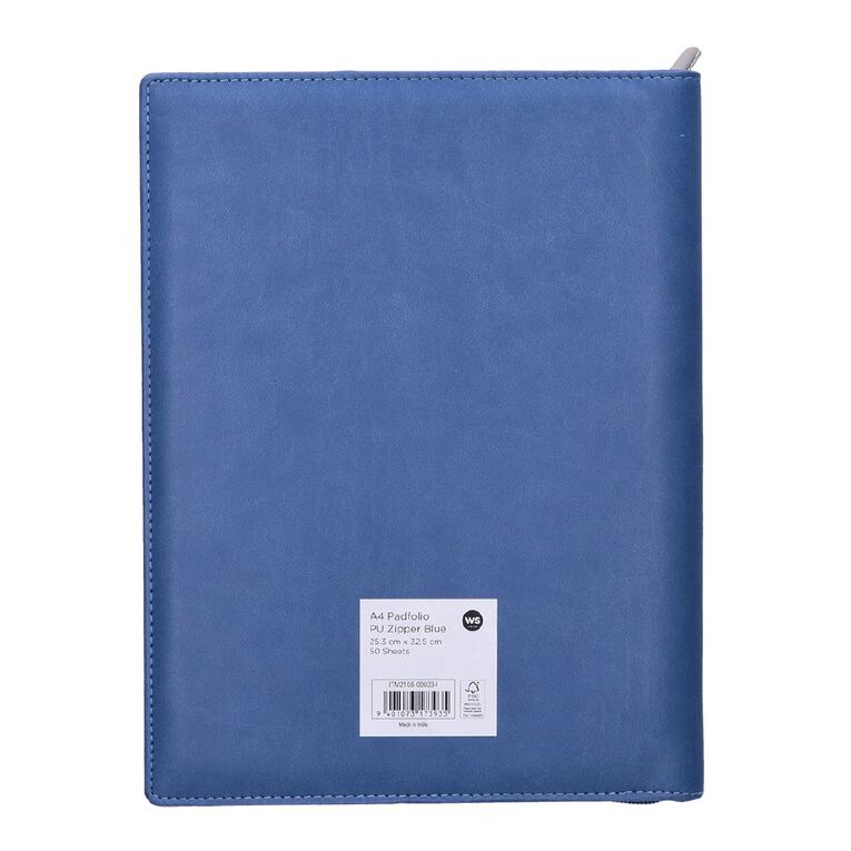 WS Padfolio PU Zipper Blue Mid A4 Blue Mid | The Warehouse