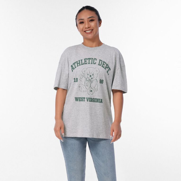 H&H Women's Short Sleeve Boyfriend Graphic Tee Grey Marle | The Warehouse