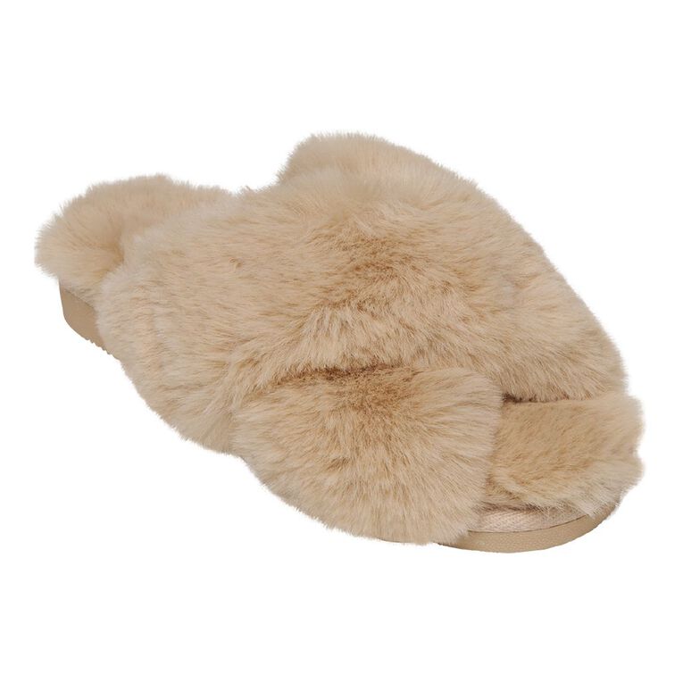 H&H Women's Fluffy Crossover Slide Slippers Cream | The Warehouse