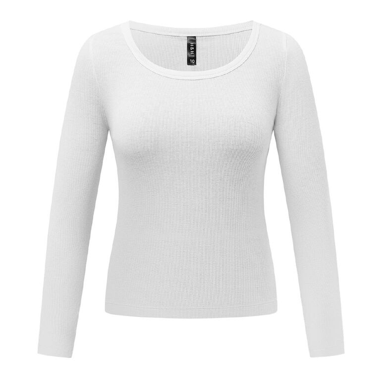 H&H Women's Long Sleeve Scoop Neck Rib Top White | The Warehouse