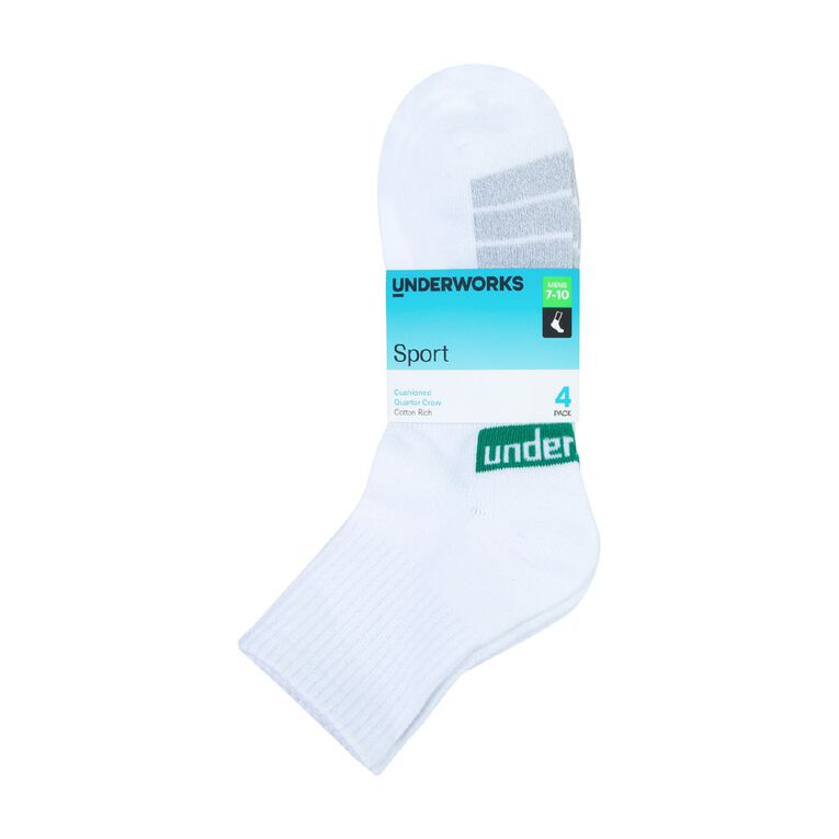 Underworks Men's Quarter Crew Sport Socks 4 Pack White 2 | The Warehouse
