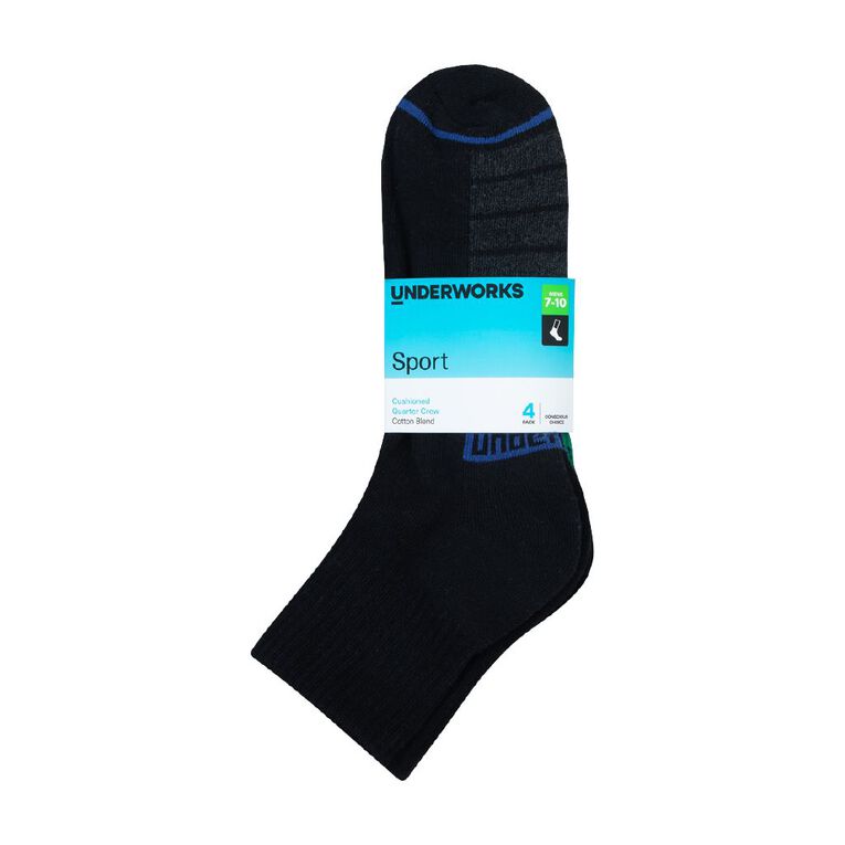 Underworks Men's Quarter Crew Sport Socks 4 Pack Black | The Warehouse