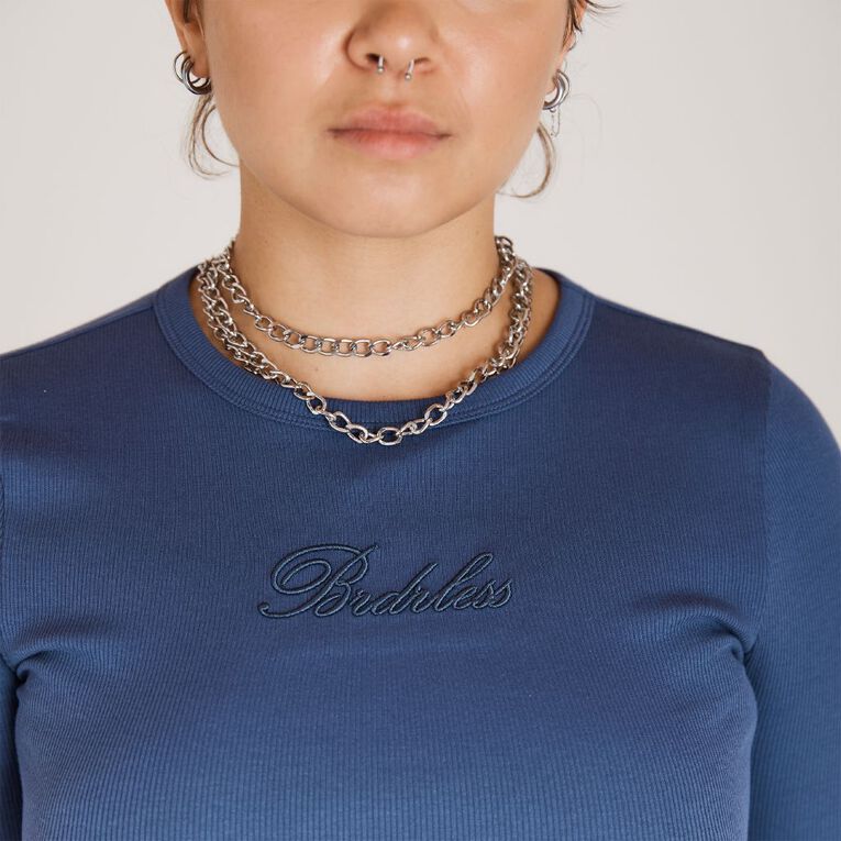 BRDRLESS Long Sleeve Fitted Rib Graphic Top Blue Dark | The Warehouse