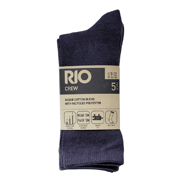 Rio Kids' School Crew Socks 5 Pack Navy | The Warehouse