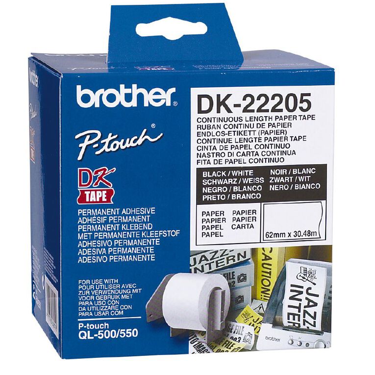 Brother Label Roll DK-22205 62mm x 30.48m Black on White White | The ...