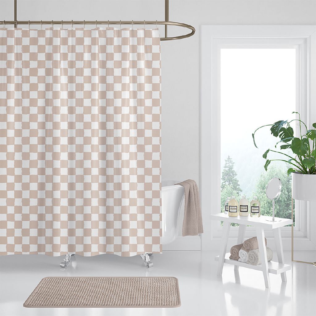 Living Co Shower Curtain Check Beige 180cm x 180cm Beige The Warehouse