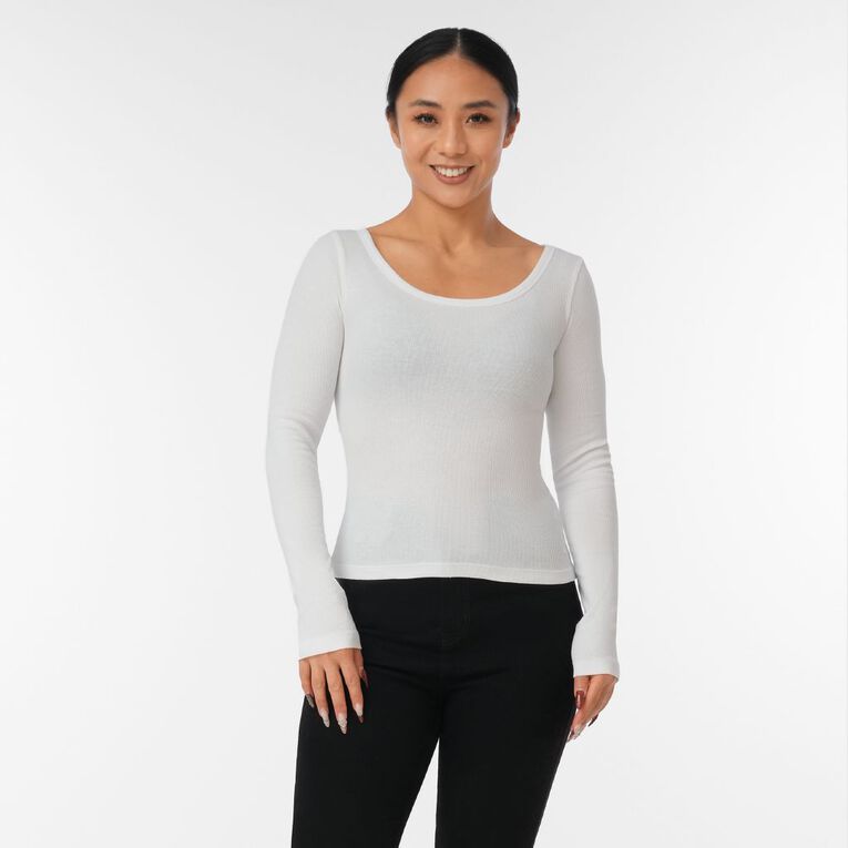 H&H Women's Long Sleeve Scoop Neck Rib Top White | The Warehouse
