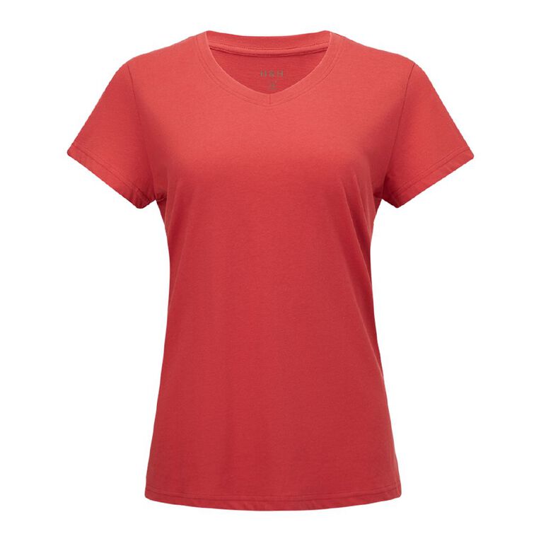 H&H Women's Short Sleeve V-Neck Cotton Tee Red Mid | The Warehouse