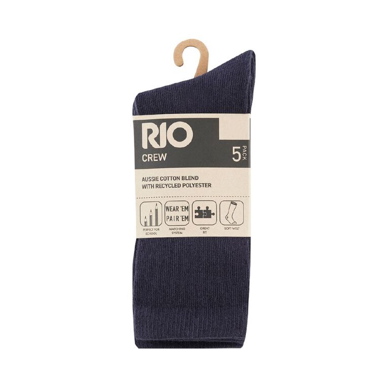 Rio Kids' School Crew Socks 5 Pack Navy | The Warehouse