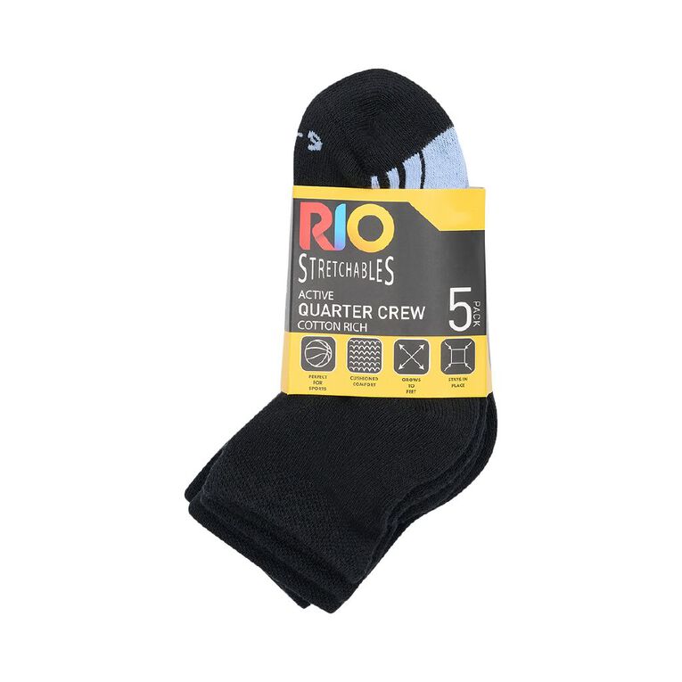 Rio Kids' Quarter Crew Stretch Socks 5 Pack Black 83K | The Warehouse