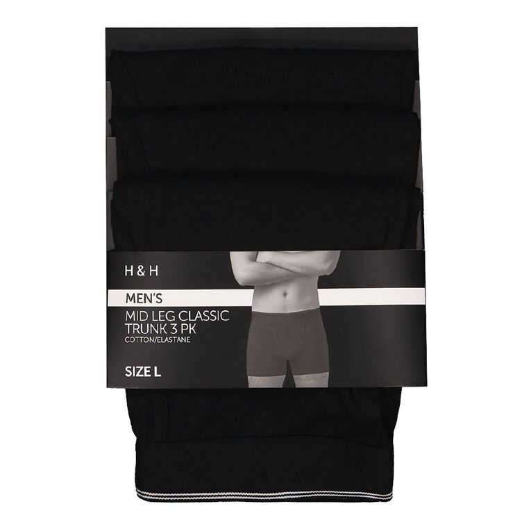 H&H Men's Classic Mid Leg Trunks 3 Pack Black | The Warehouse