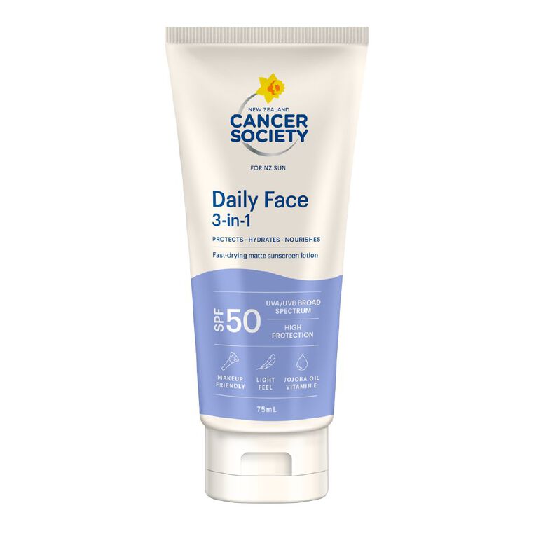 Cancer Society NZ Daily Face 3-In-1 SPF50 Sunscreen 75ml | The Warehouse