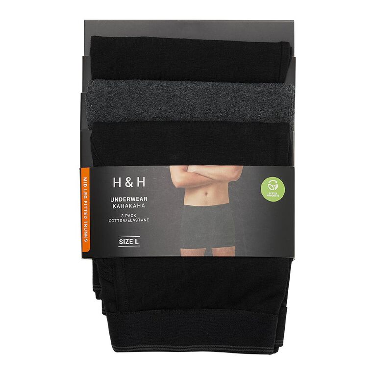 H&H Men's Classic Mid Leg Trunks 3 Pack Black | The Warehouse