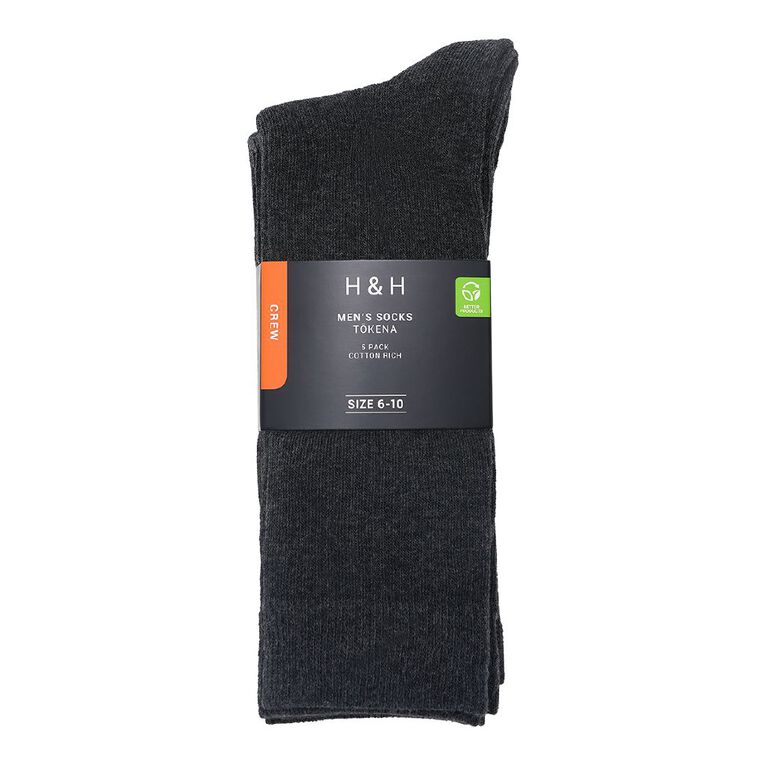 H&H Men's Plain Crew Socks 5 Pack Charcoal | The Warehouse