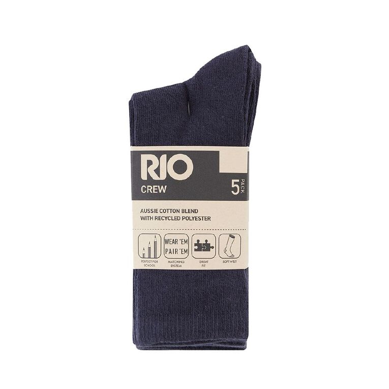 Rio Kids' School Crew Socks 5 Pack Navy | The Warehouse