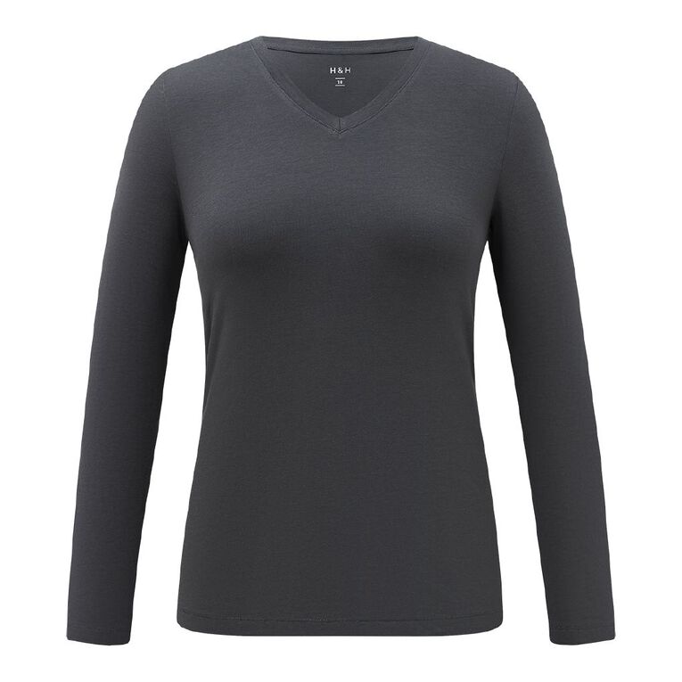 H&H Women's Long Sleeve V-Neck Tee Grey Dark | The Warehouse