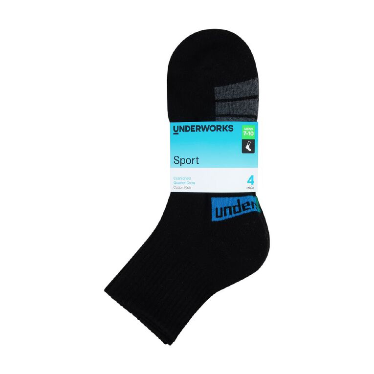 Underworks Men's Quarter Crew Sport Socks 4 Pack Black2 | The Warehouse