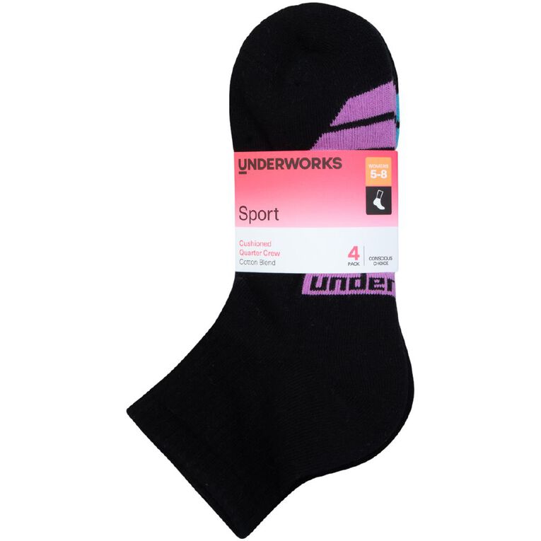 Underworks Women's Quarter Crew Sport Socks 4 Pack Black3 | The Warehouse