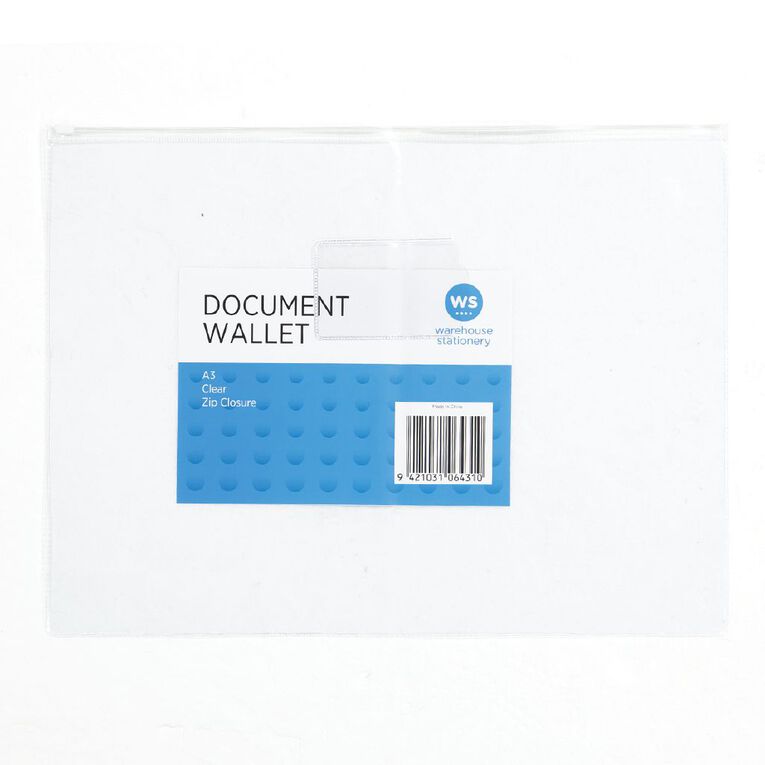 WS Zipper Document Wallet Clear Clear A3 Clear | The Warehouse