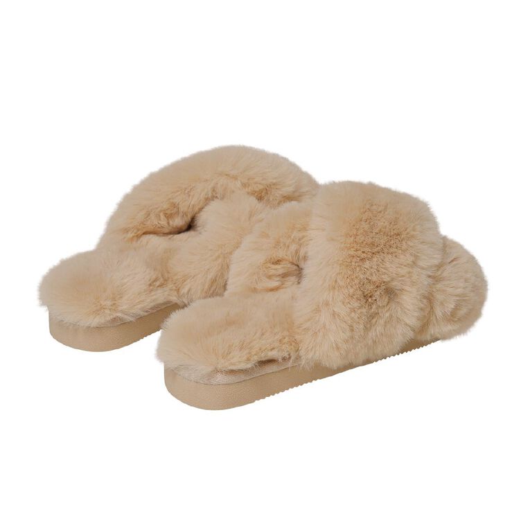 H&H Women's Fluffy Crossover Slide Slippers Cream | The Warehouse