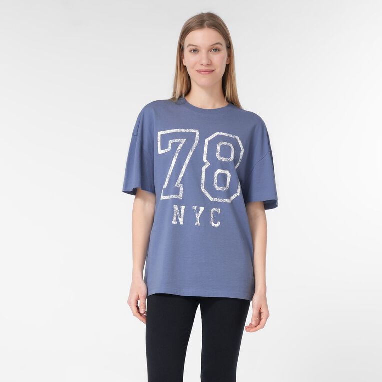 H&H Women's Short Sleeve Boyfriend Graphic Tee Blue Mid | The Warehouse