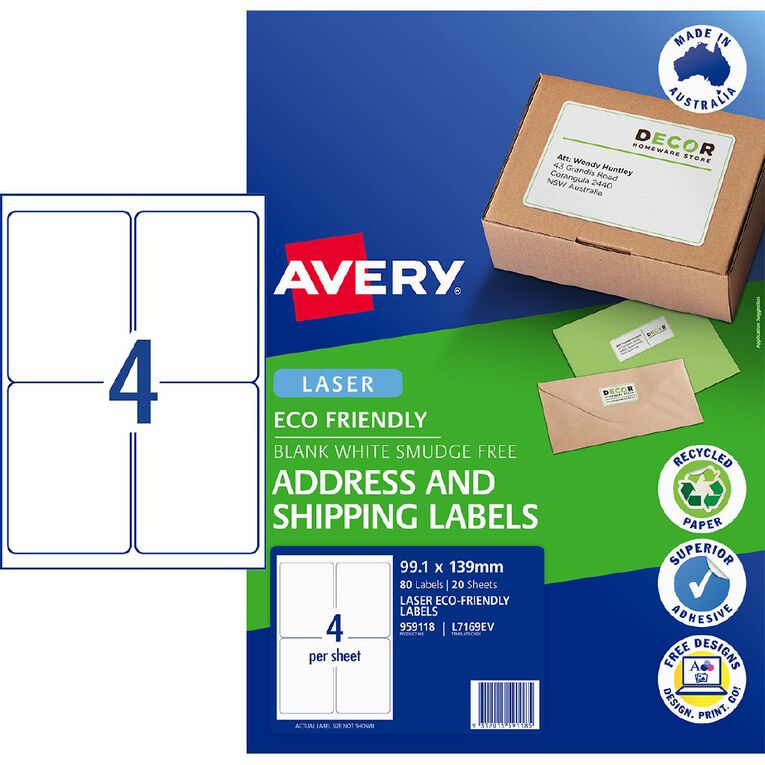 Avery Eco Friendly Labels Laser 80 Labels 99.1mm x 139mm | The Warehouse
