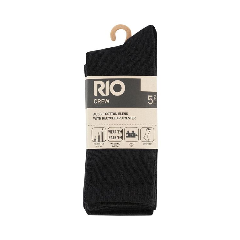 Rio Kids' School Crew Socks 5 Pack Black | The Warehouse