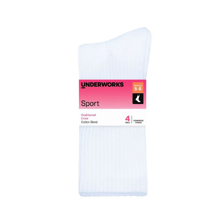 Underworks Women's Sport Crew Socks 4 Pack White | The Warehouse
