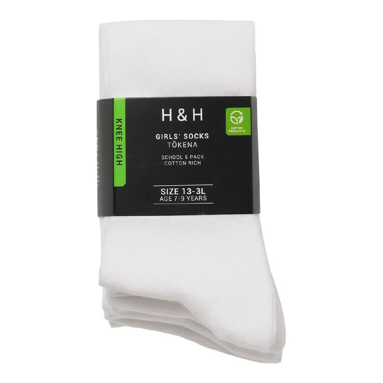 H&H Girls' School Knee High Socks 5 Pack White | The Warehouse