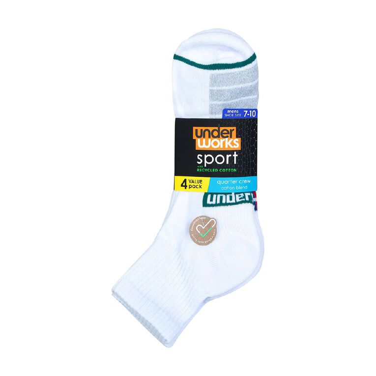 Underworks Men's Quarter Crew Sport Socks 4 Pack White1 | The Warehouse