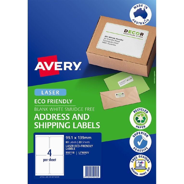 Avery Eco Friendly Labels Laser 80 Labels 99.1mm x 139mm | The Warehouse