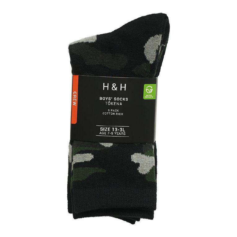 H&H Boys' Jacquard Crew Socks 5 Pack Black/Green | The Warehouse