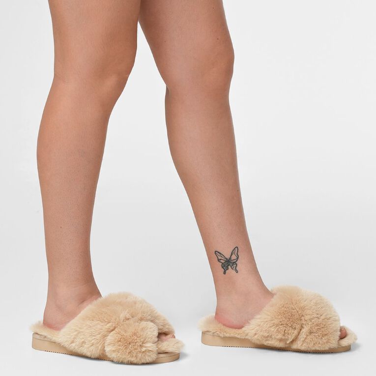 H&H Women's Fluffy Crossover Slide Slippers Cream | The Warehouse